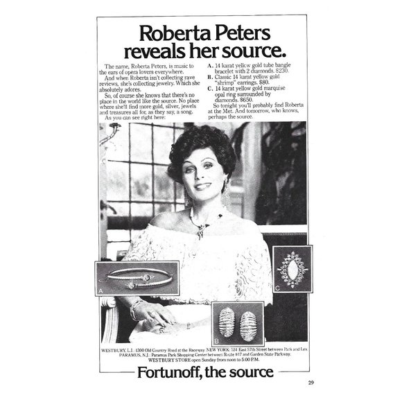 Art | Roberta Peters Jewelry Fortunoff 198s Vintage Print Ad 9 Inch ...